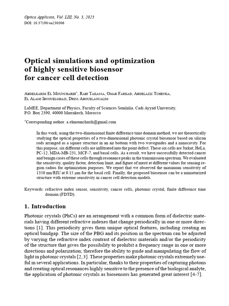Optical Simulations and Optimization of Highly Sensitive Biosensor For ...