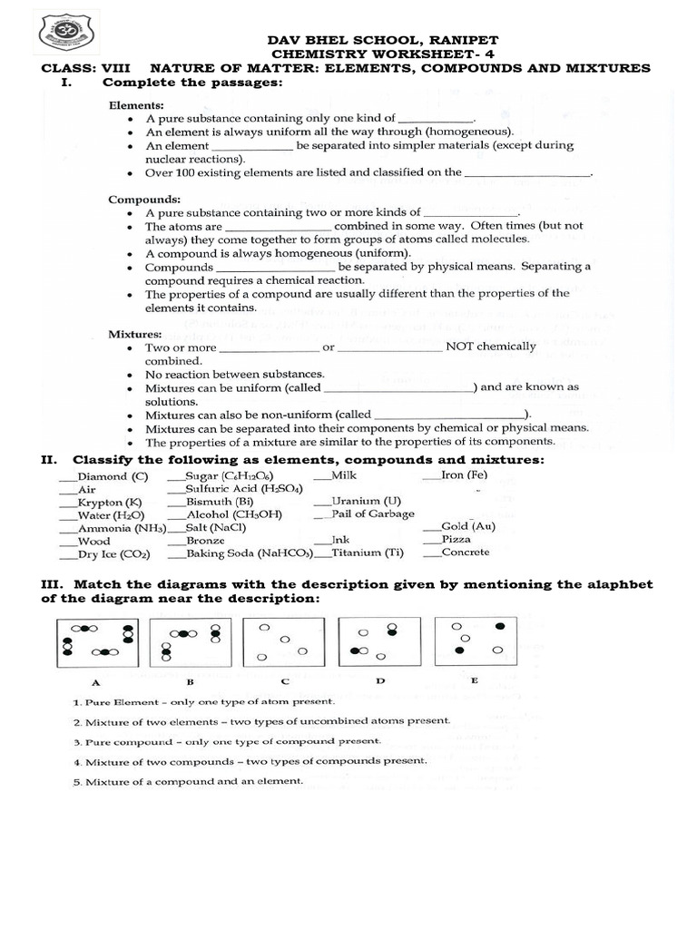 Class 8 Ws 4 Nature of Matter Elements, Compounds and Mixtures | PDF