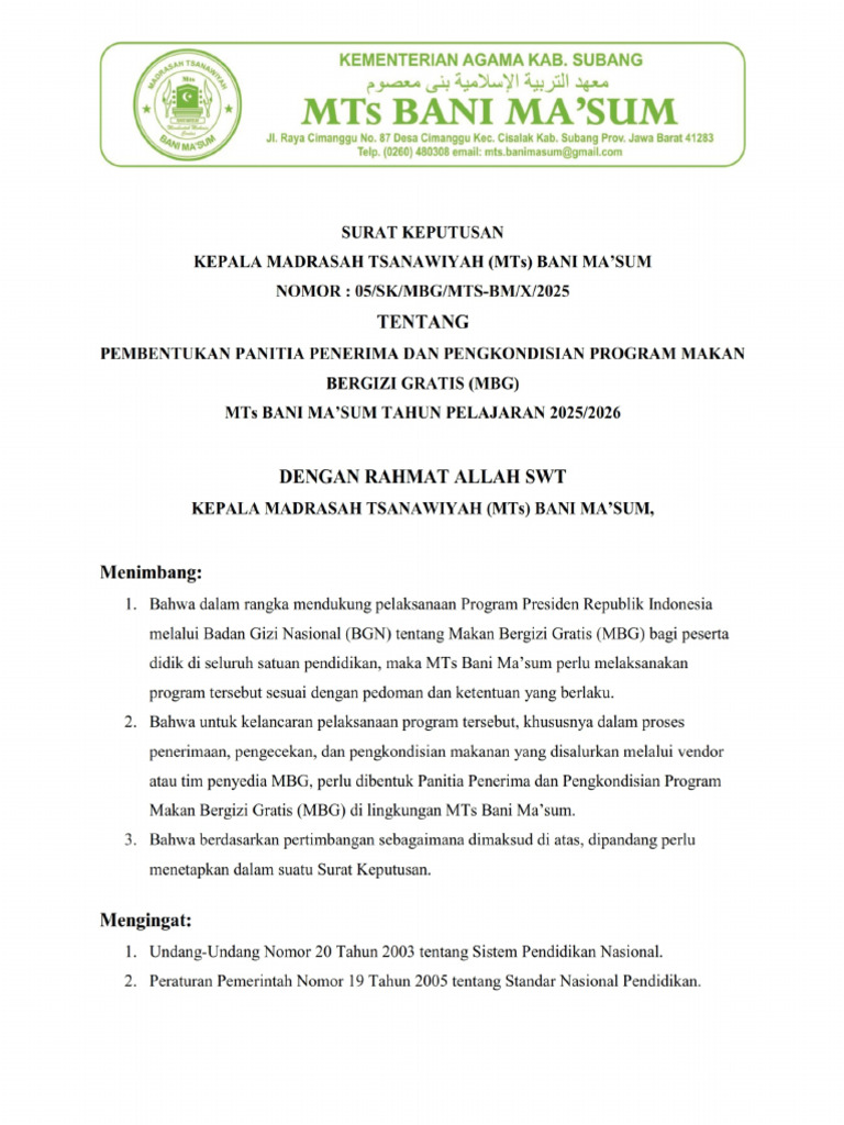 SK Pengelola MBG Mts Bani Masum 2025 | PDF