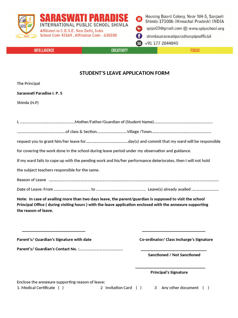 Student Leave Application Form | PDF