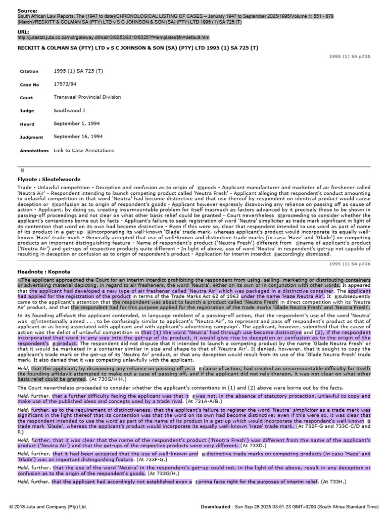 Reckitt v SC Johnson Case Summary | PDF | Trademark | Odor
