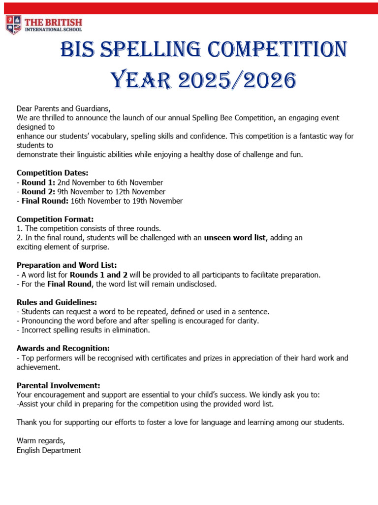 KS2 Spelling Bee 2025-2026 (Year 5) | PDF