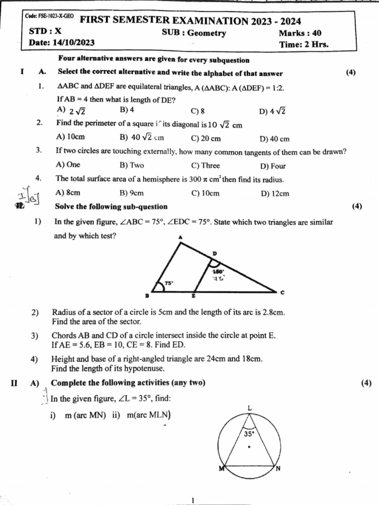 1st Semester Geometry Question Paper 2023 | PDF