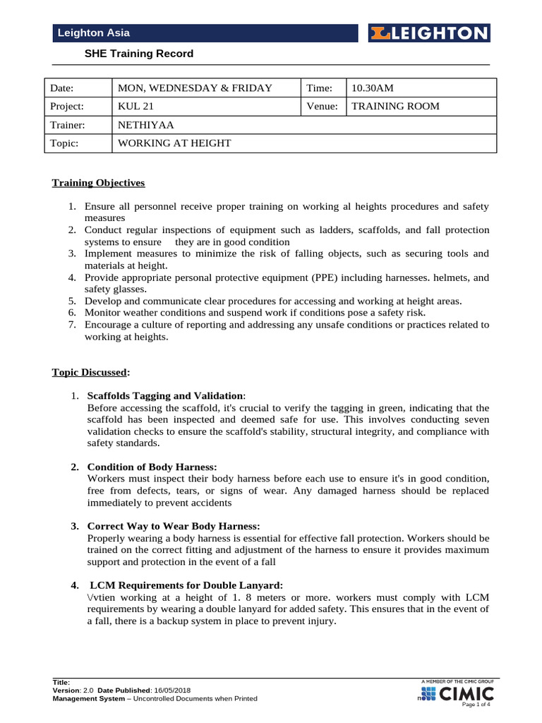 Wah Training April & May | PDF | Safety | Scaffolding