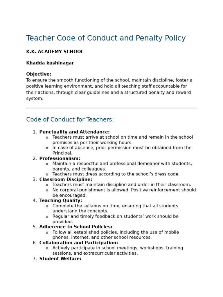 Teacher Code of Conduct | PDF | Teachers | Behavior Modification
