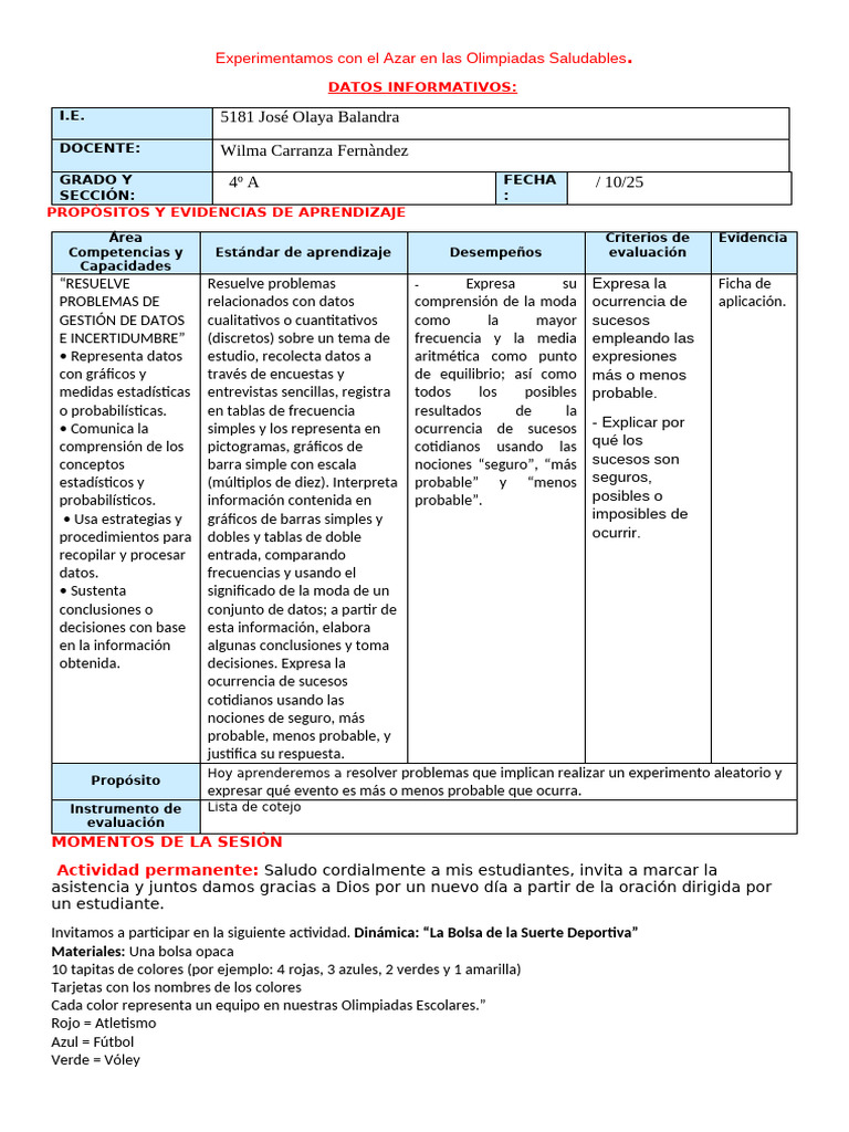 Sesiòn Experimentamos Con La Azar | PDF | Datos | Probabilidad