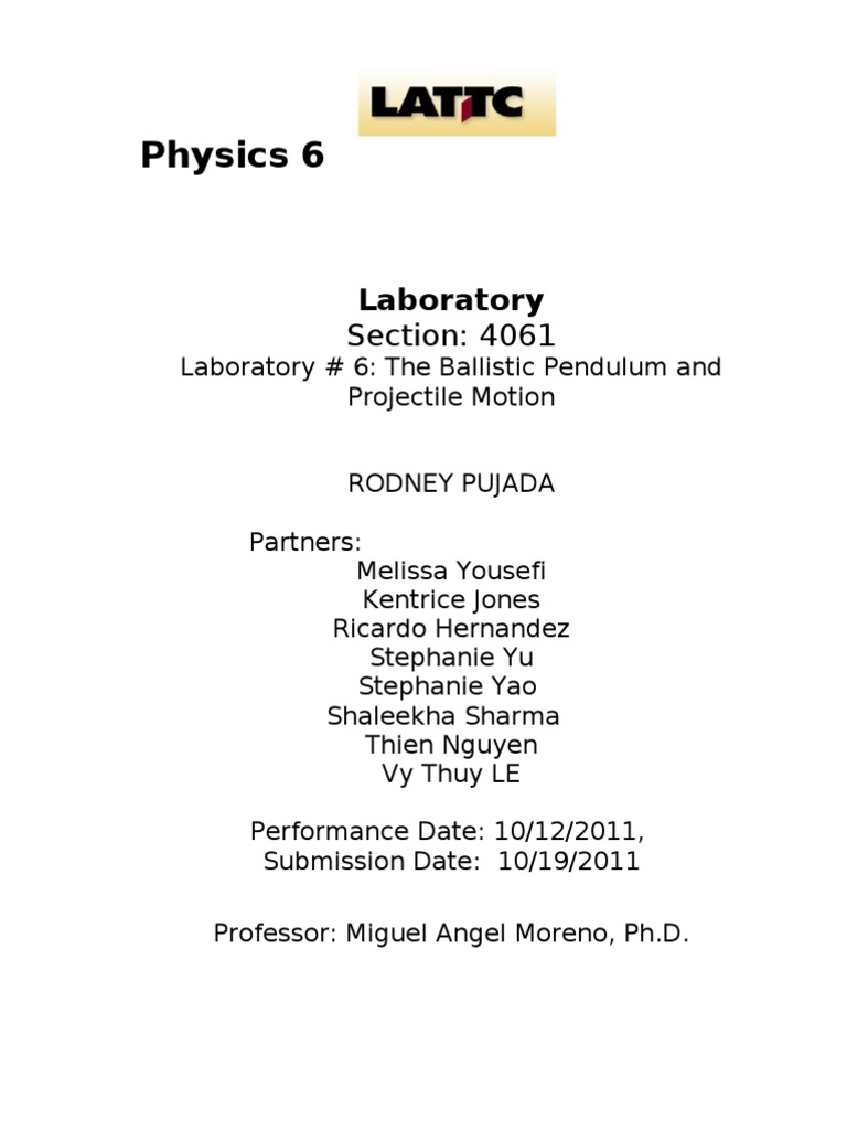 Ballistic Pendulum Lab Report | PDF | Orbit | Collision