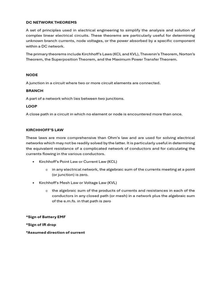 DC Network Theorems - Kirchhoff's Law | PDF