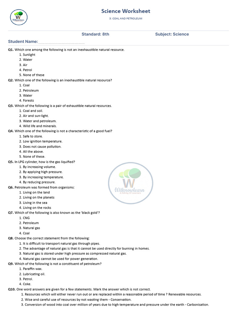 Mastering Coal and Petroleum Interactive Worksheets and Mcqs For Class ...