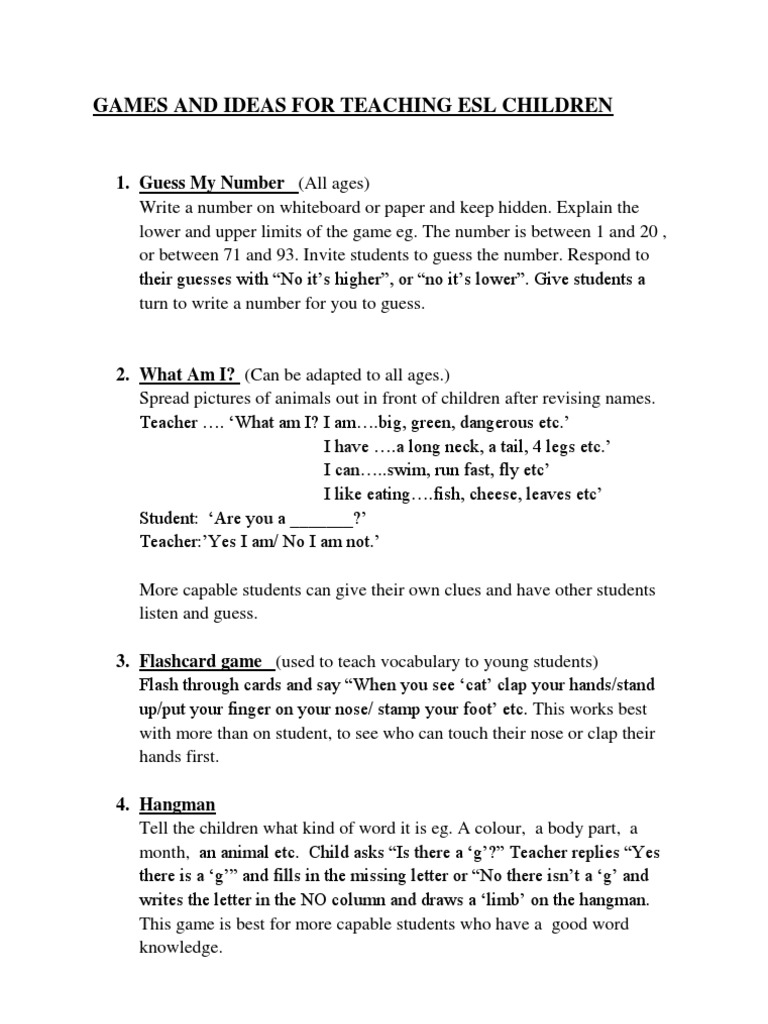 Games Ideas For Teaching ESL Children | PDF | Leisure