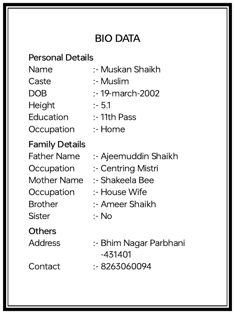 Muskan Shaikh's Bio Data Overview | PDF