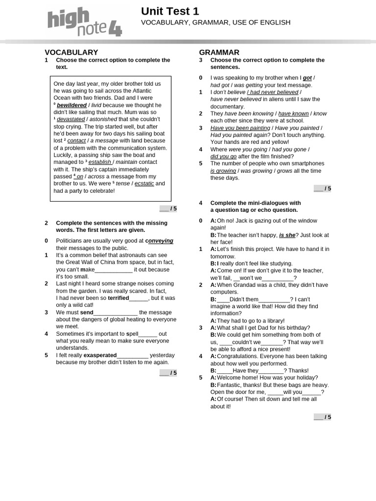 Unit Test: Vocabulary & Grammar Skills | PDF | English Language