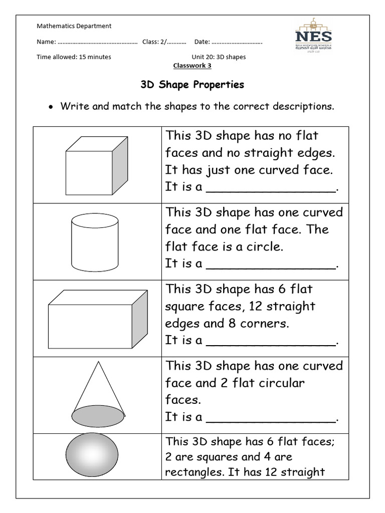 3D Shapes Properties Worksheet | PDF