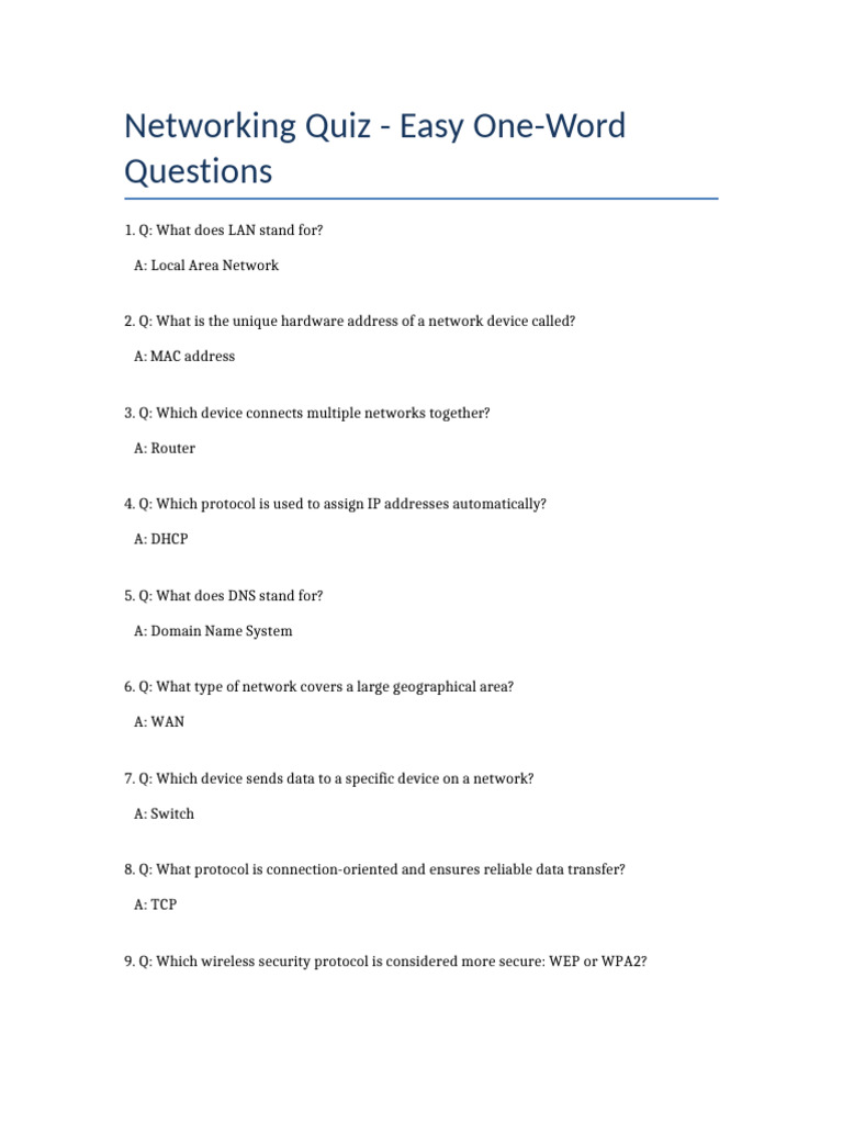 Networking Easy OneWord Questions | PDF