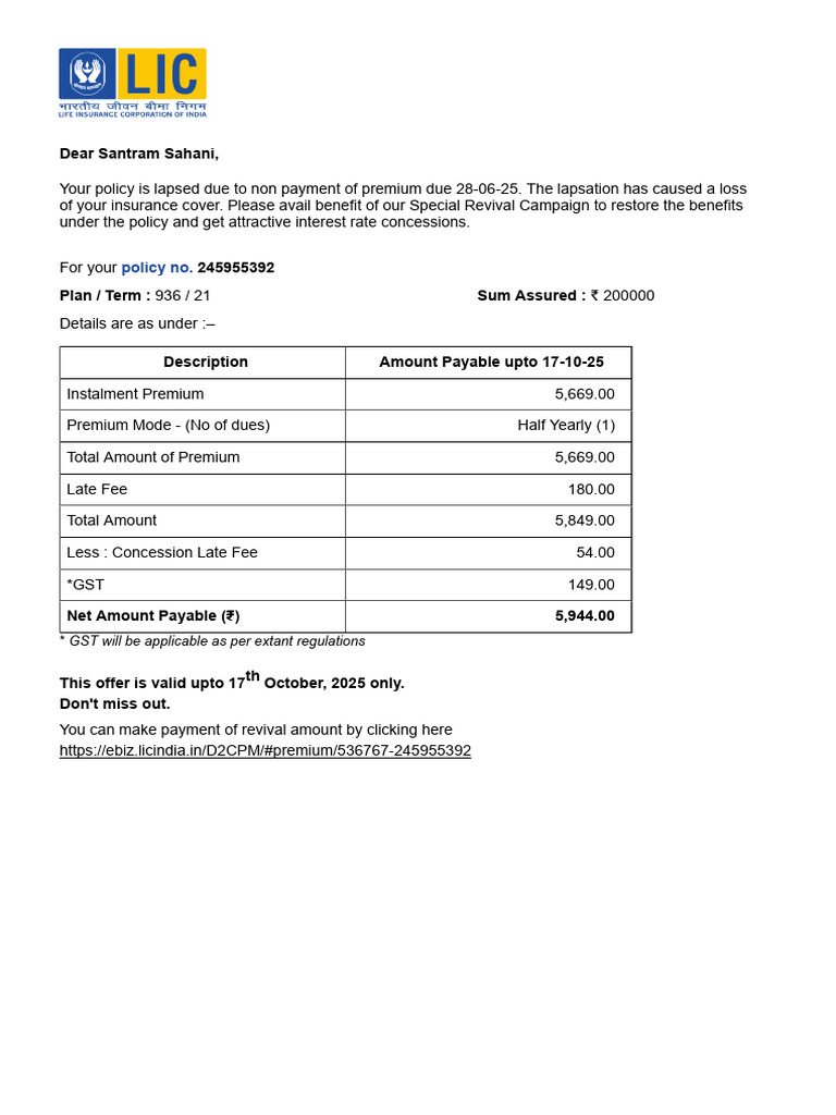 Policy Revival Notice for Lapsed Insurance | PDF