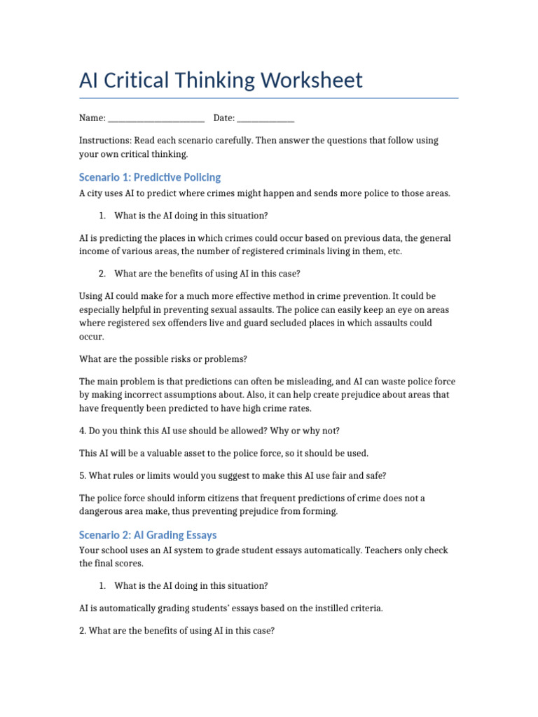 AI Critical Thinking Worksheet | PDF | Police | Risk