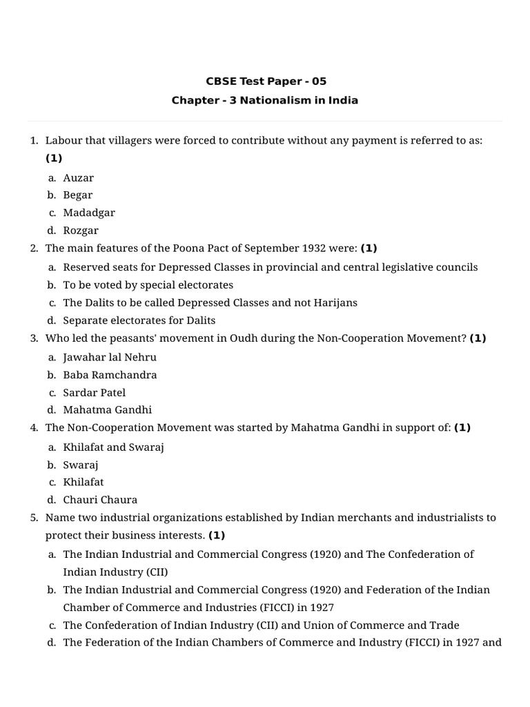 CBSE Class 10 Nationalism in India Test | PDF | British India ...