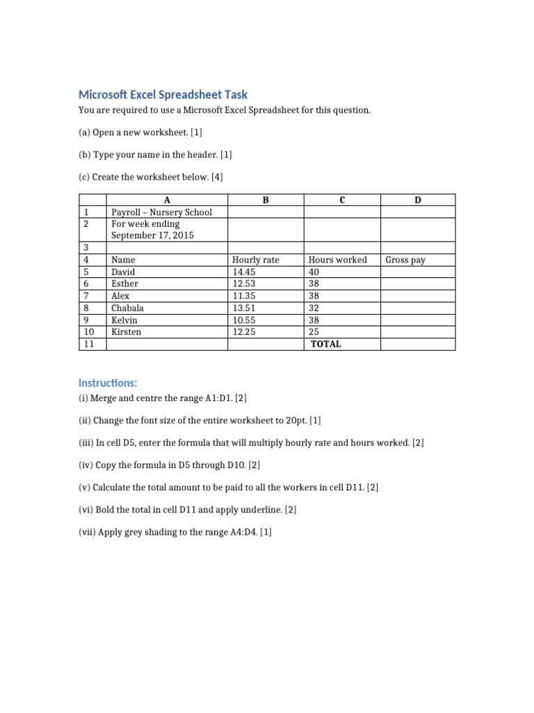 Excel Payroll Worksheet Instructions | PDF
