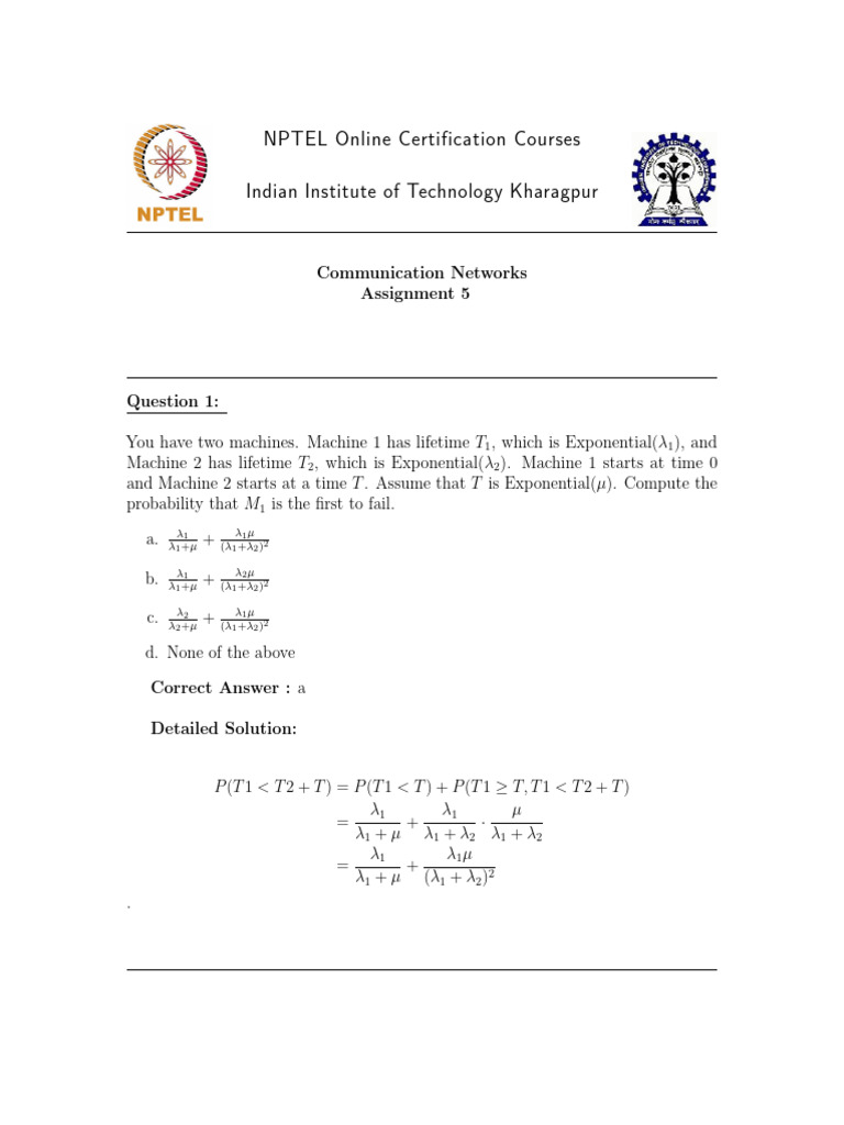 NPTEL IIT Kharagpur Communication Networks Assignments | PDF | Mathematical Analysis | Probability