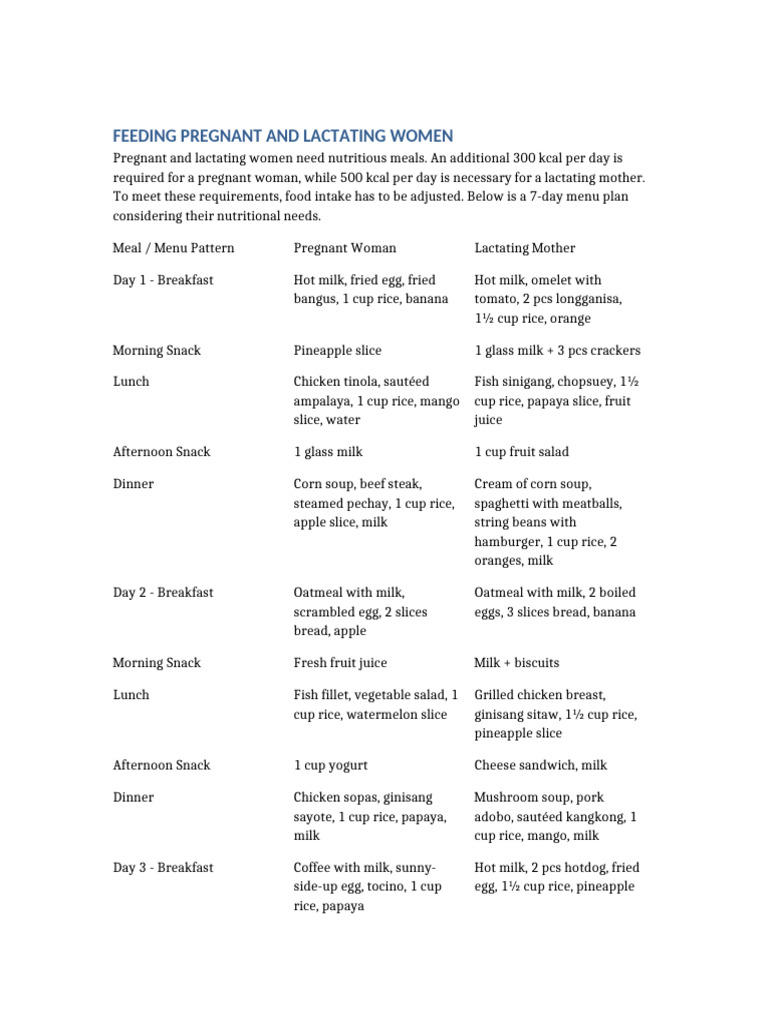Feeding Pregnant and Lactating Women Menu | PDF | Lunch | Soup