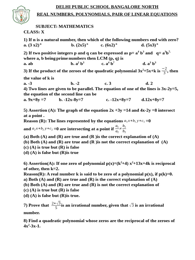 Real Numbers, Polynomials Pair of Linear Equations | PDF | Polynomial | Quadratic Equation