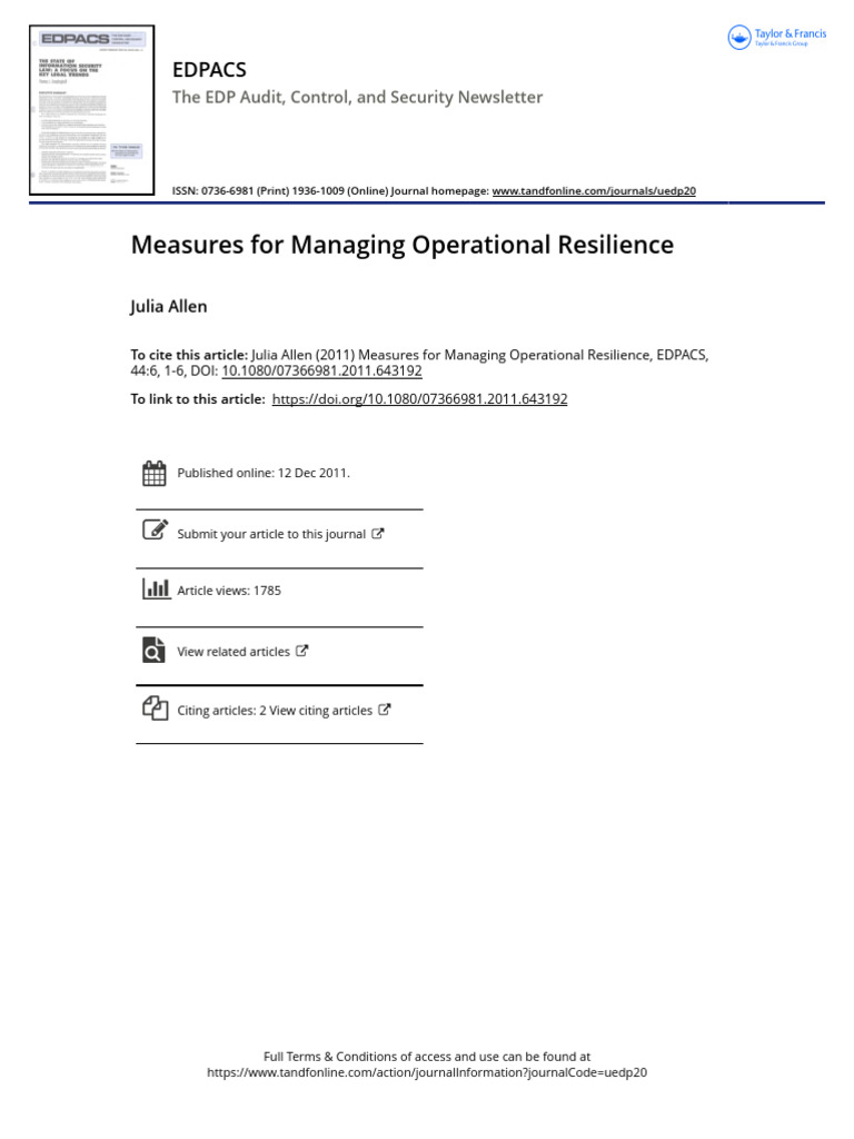 Measures For Managing Operational Resilience | PDF | Risk | Performance Indicator