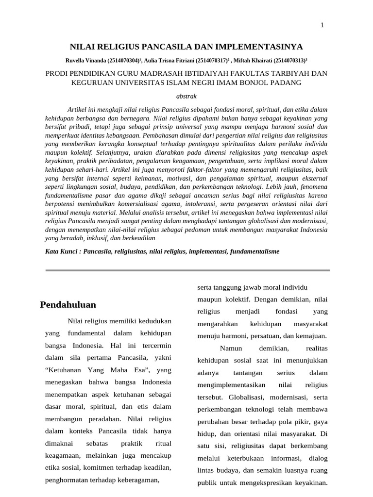 Artikel Nilai Religius Pancasila Dan Implementasinya | PDF