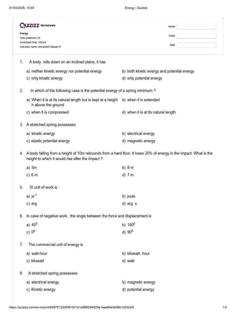 Energy Quiz Worksheet | PDF | Physics | Physical Phenomena