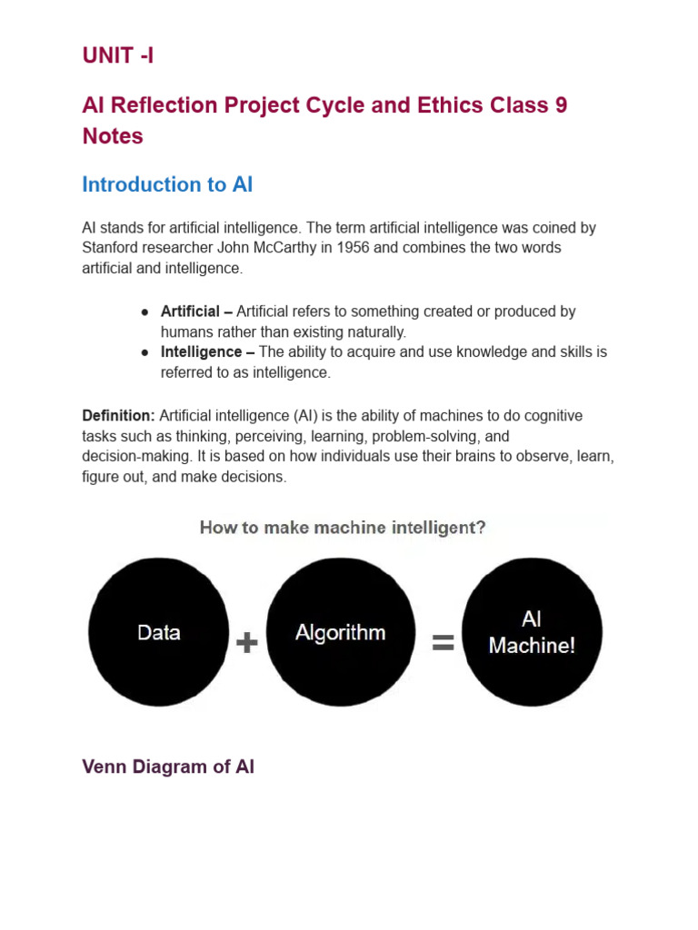 Unit 1 - Reflection, Project Cycle and Ethics | PDF | Artificial ...