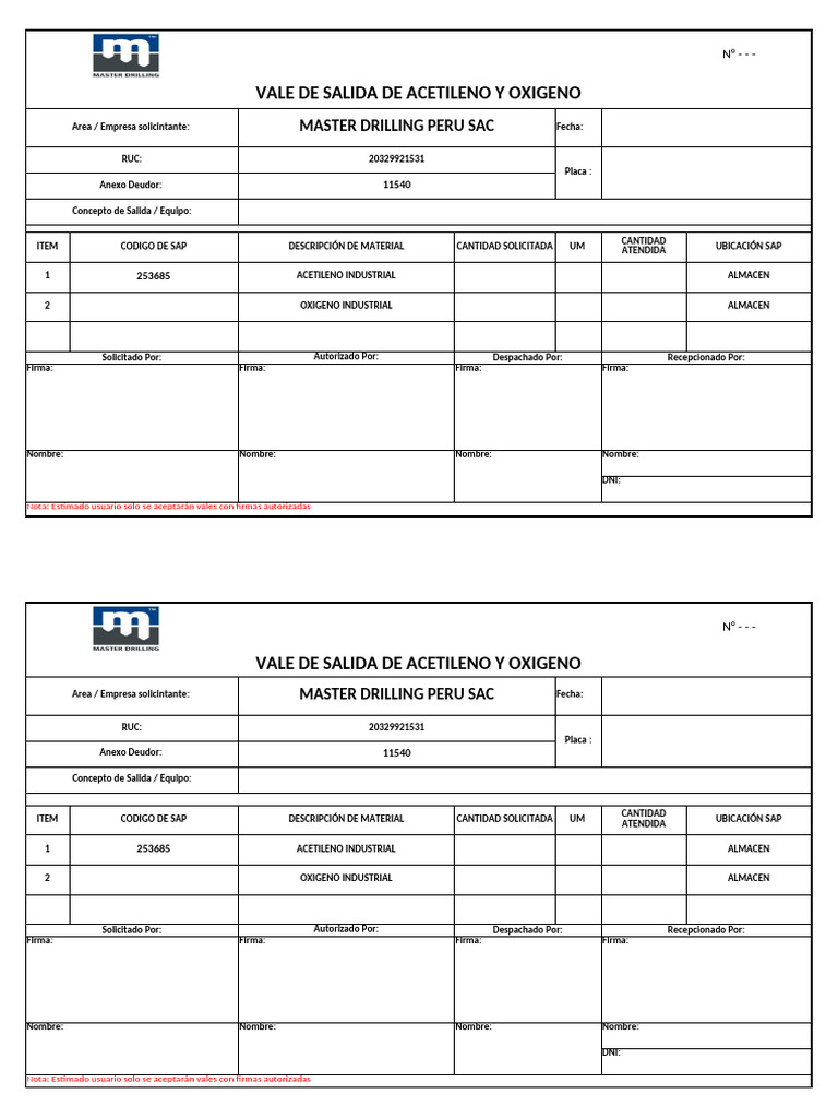 Vale De Salida Acetileno Y Combustible Pdf