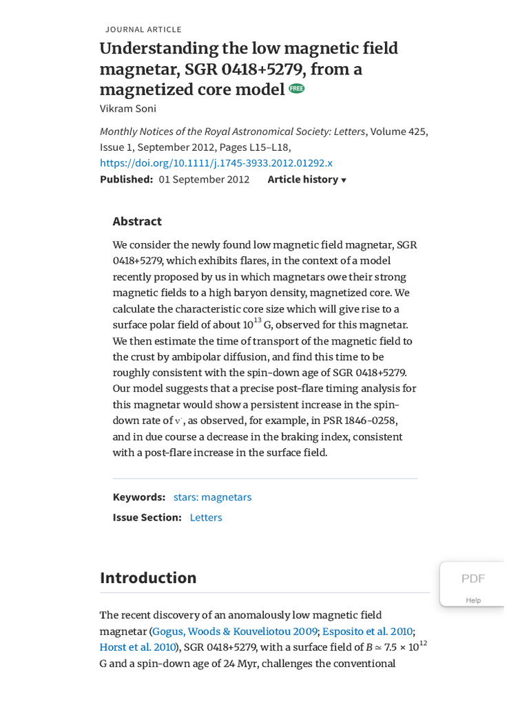 Understanding The Low Magnetic Field Magnetar, SGR 0418+5279, From A Magnetized Core Model | PDF ...
