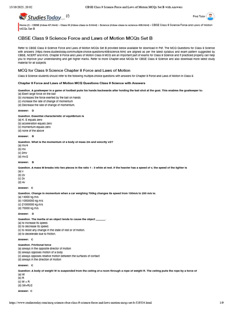 CBSE Class 9 Science Force and Laws of Motion MCQs Set B With Answers | PDF | Gases | Force
