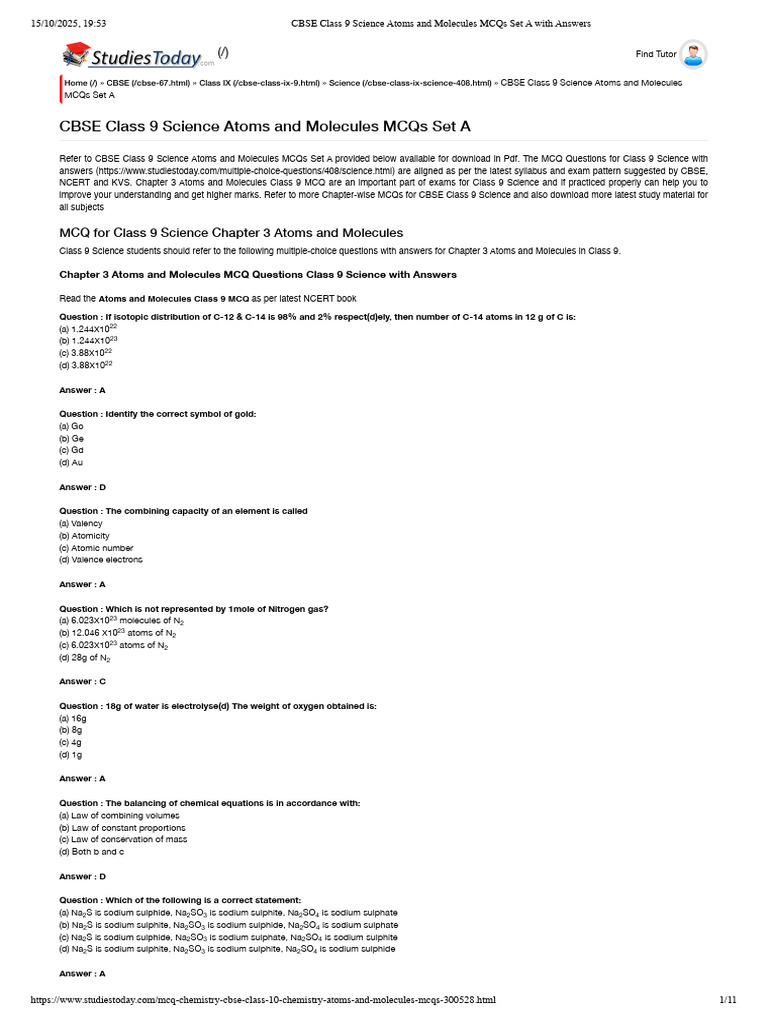 CBSE Class 9 Science MCQs: Atoms & Molecules | PDF | Multiple Choice ...