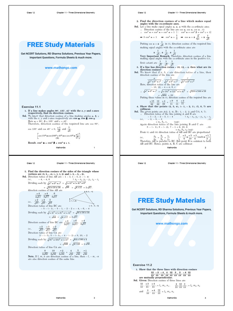 NCERT Solutions Class 12 Maths Chapter 11 Three Dimensional Geometry | PDF | Ratio | Angle