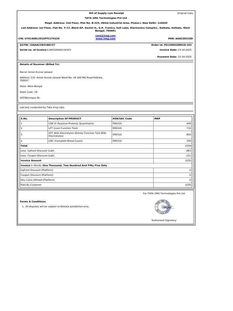 Invoice for Lab Tests by Tata 1MG | PDF | Clinical Medicine | Medical ...