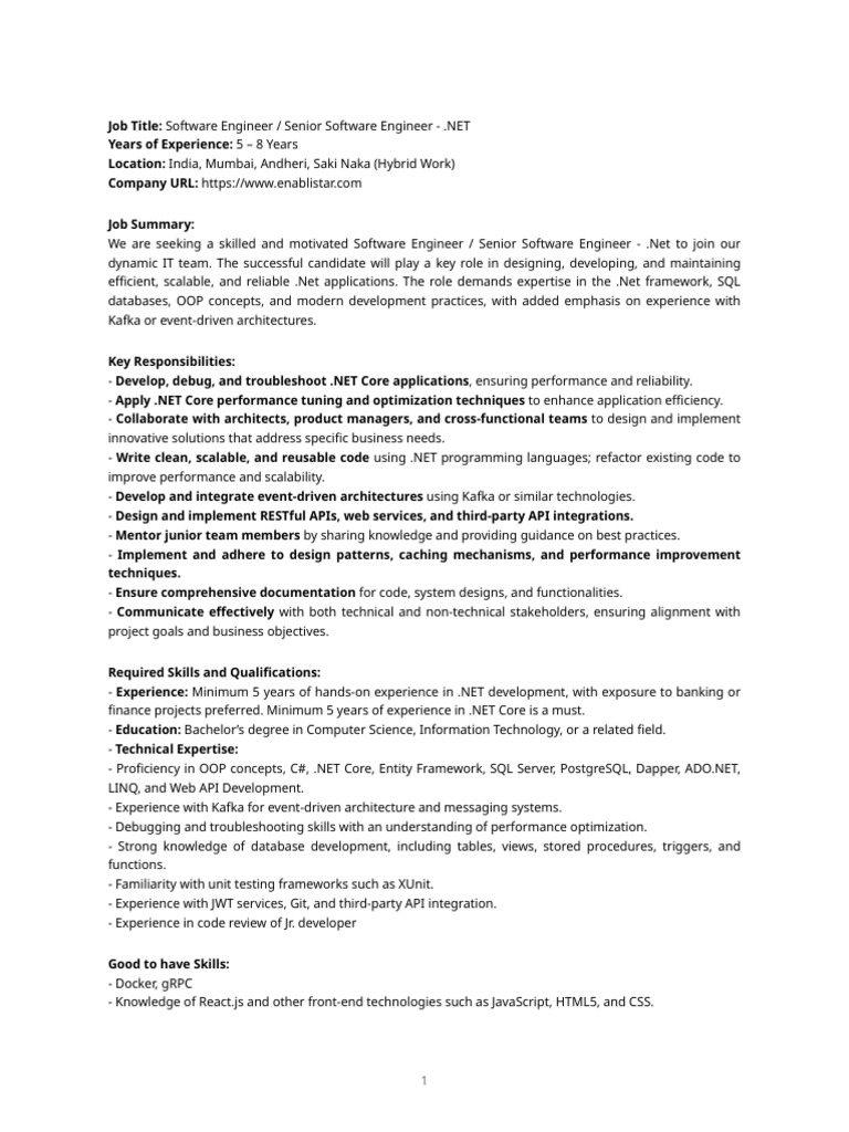 Software Engineer Dotnet JD Enablistar | PDF | Databases | Software