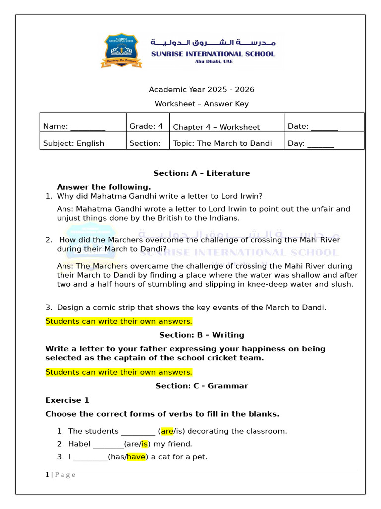 The March To Dandi - Worksheet (Answer Key) | PDF | Linguistics | Syntax