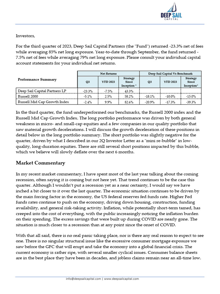 Deep Sail Capital - Investor Letter - Q3 2023 | PDF | Recession ...