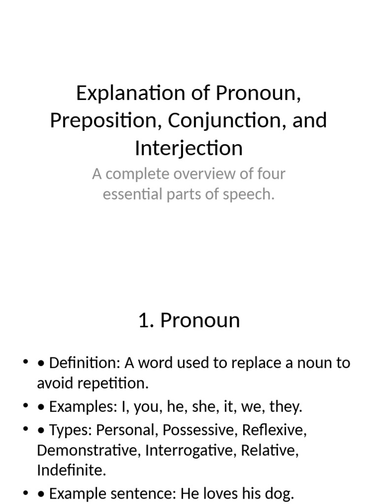 Explanation of Pronoun Preposition Conjunction Interjection | PDF