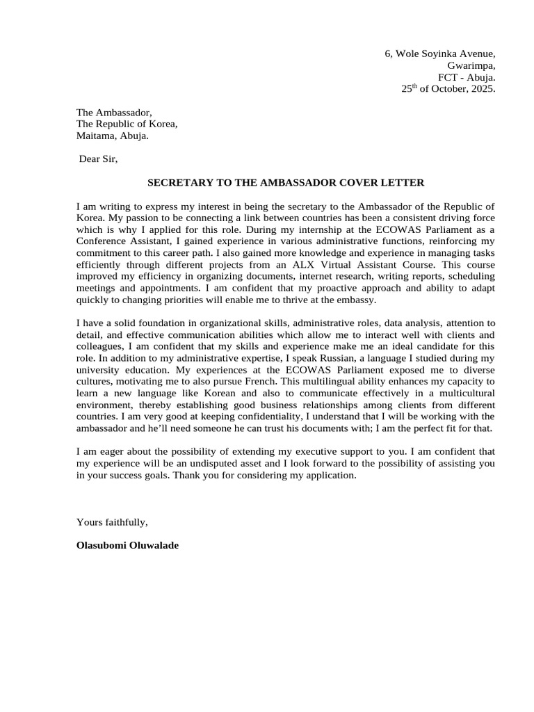 Secretary to Ambassador Application Letter | PDF | Cognition | Learning