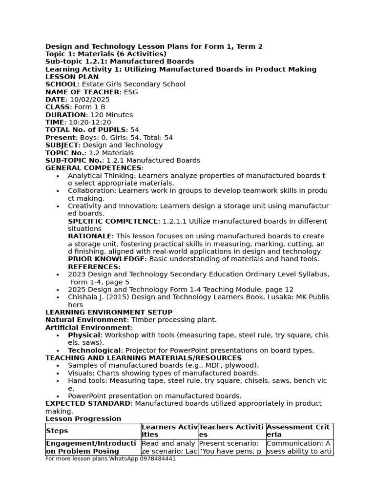 Form 1 Design and Technology Lesson Plans Term 1 | PDF | Learning ...