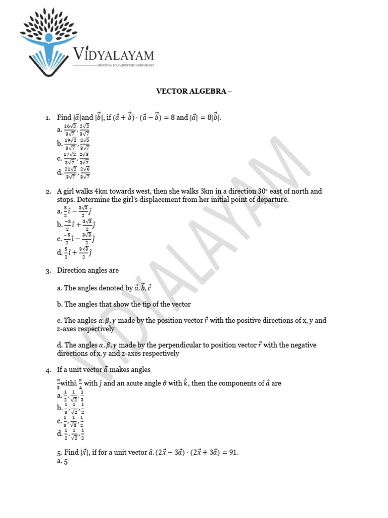 Vector Algebra Worksheet 01 | PDF | Euclidean Vector | Angle