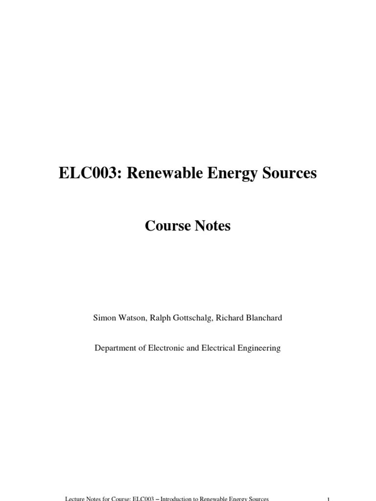 Renewable Energy Sources Combined Notes For The Lecture Series Pdf