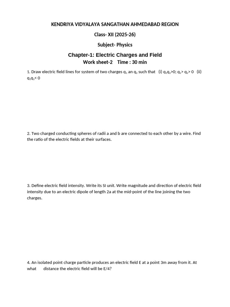 WorkSheet 2 - Chapter1 - Elecrtic Charge - Field | PDF