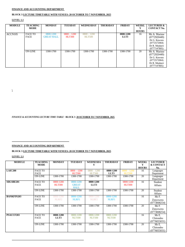 Lecture Timetables - Block 3 - Aug - Dec 2025 - With Venues | PDF