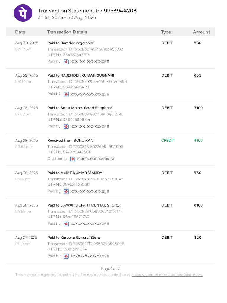 PhonePe Statement Jul2025 Aug2025 | PDF | Debit Card | Banking