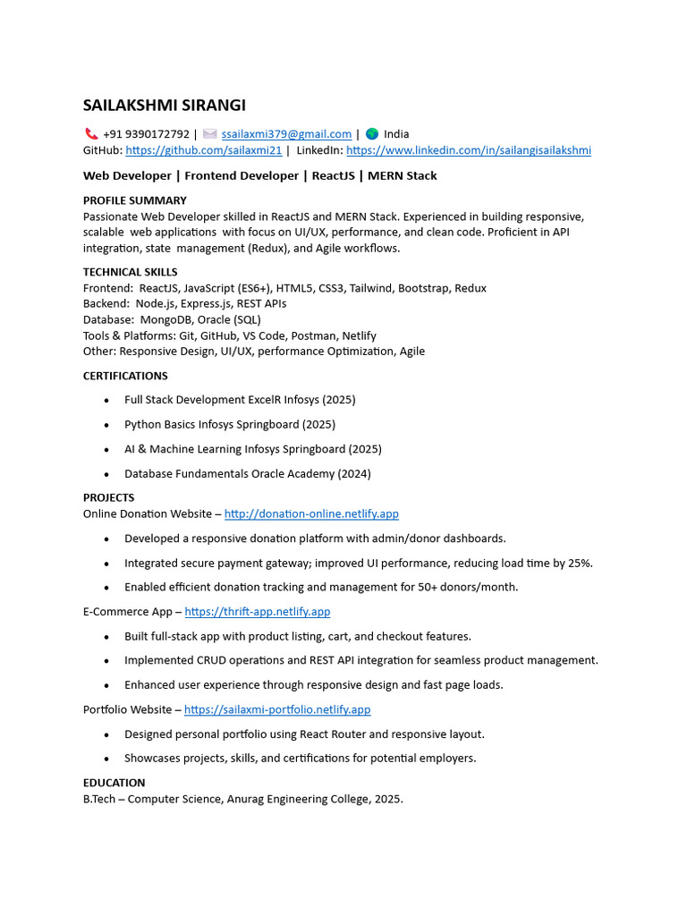 Sailakshmi Sirang1-Web Developer | PDF