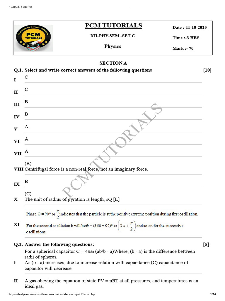 Answer Key-Xii-Phy-Sem - Set C | PDF | Waves | Electromagnetic Radiation