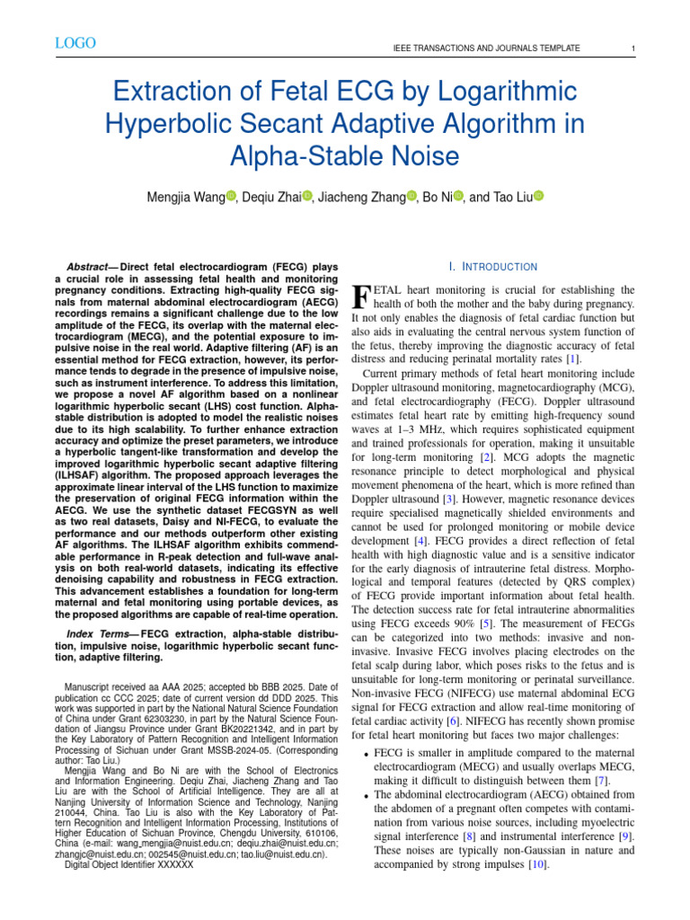 Extraction of Fetal ECG by Logarithmic Hyperbolic Secant Adaptive Algorithm in Alpha-Stable ...