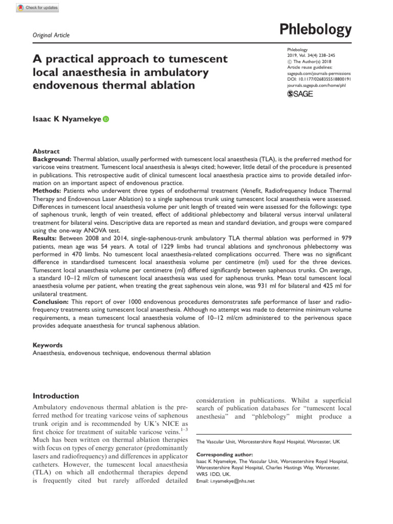 Tumescent Anaesthesia in Vein Ablation | PDF | Varicose Veins | Anesthesia